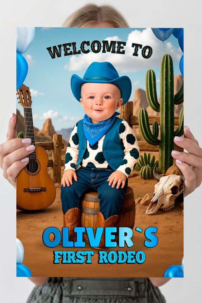 personalized first rodeo blue birthday welcome sign